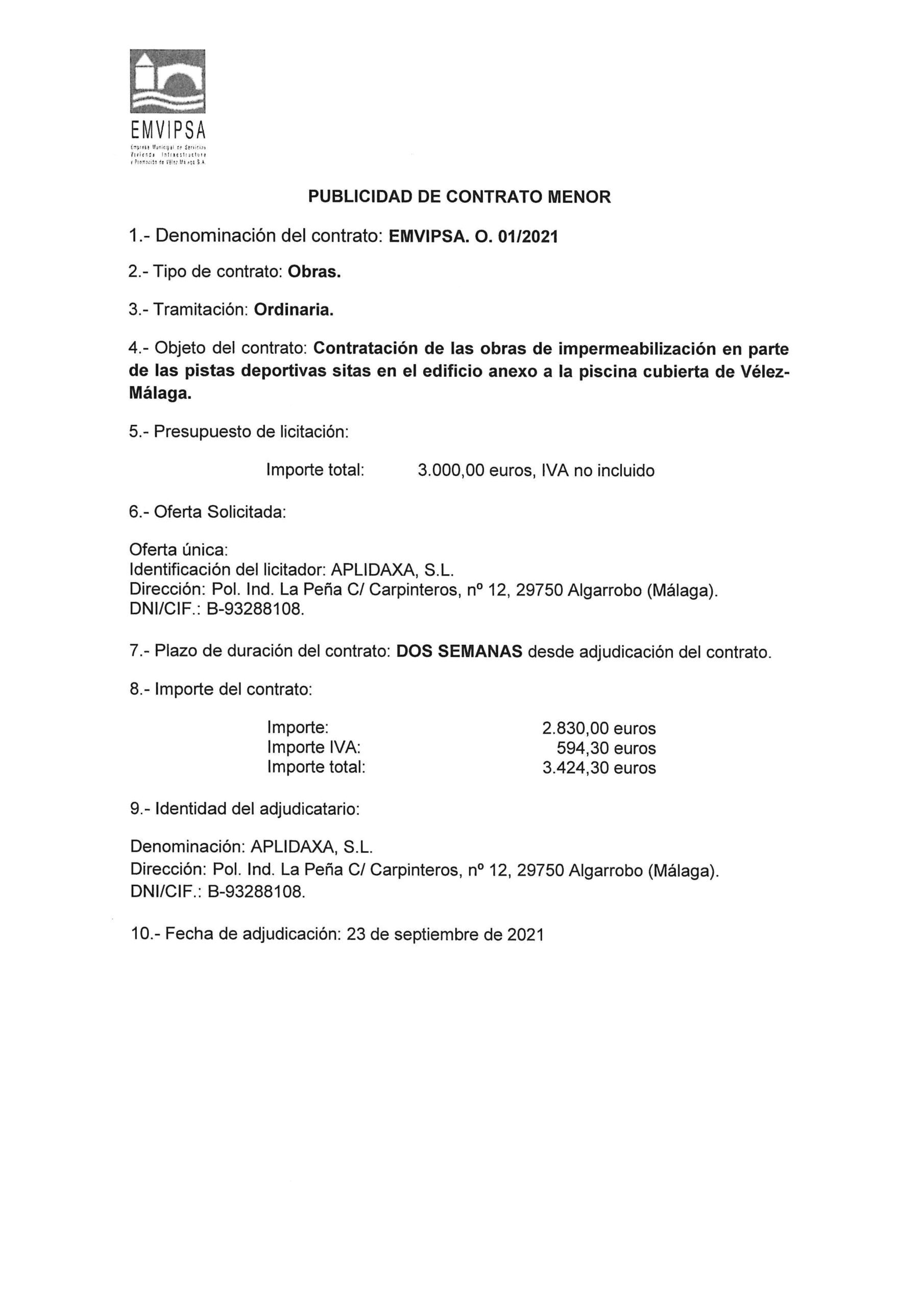 PUBLICIDAD CONTRATO MENOR 2021 O 01/2021 – EMVIPSA