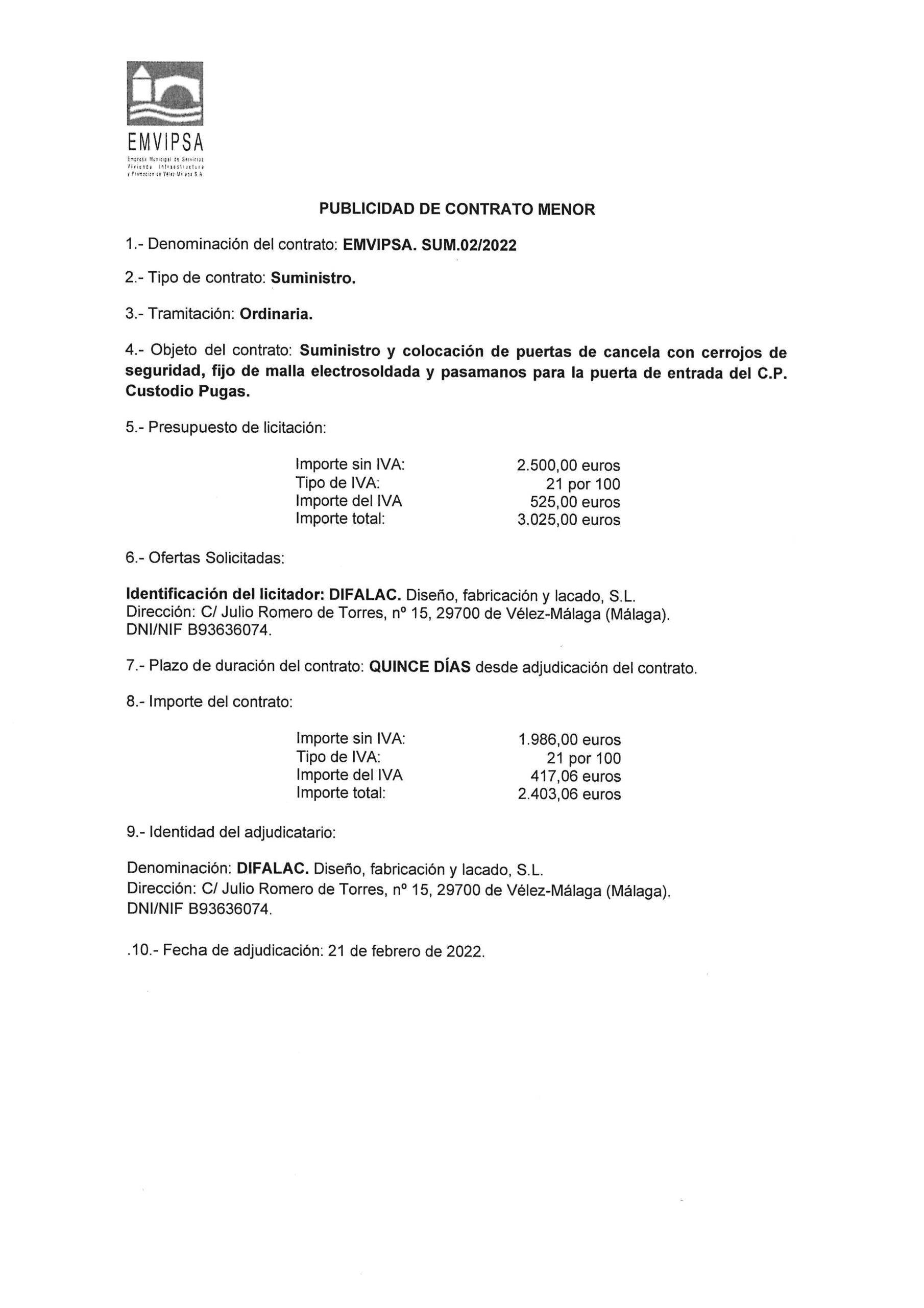 PUBLICIDAD CONTRATO MENOR 2022 SUM 02/2022 – EMVIPSA